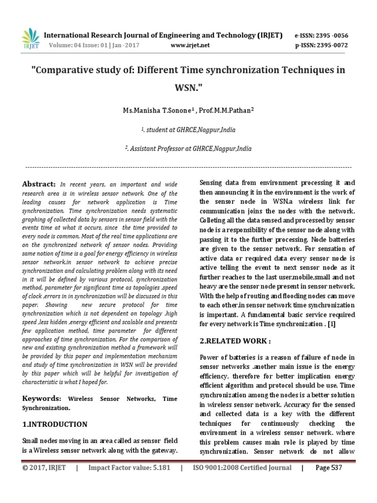 Comparative Study of Different Time Synchronization Techniques in WSN | PDF
