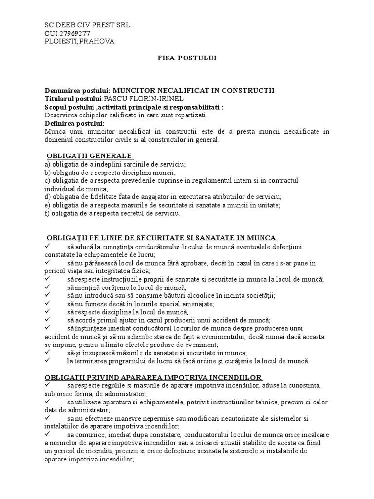 Fisa Postului Muncitor Necalificat | PDF