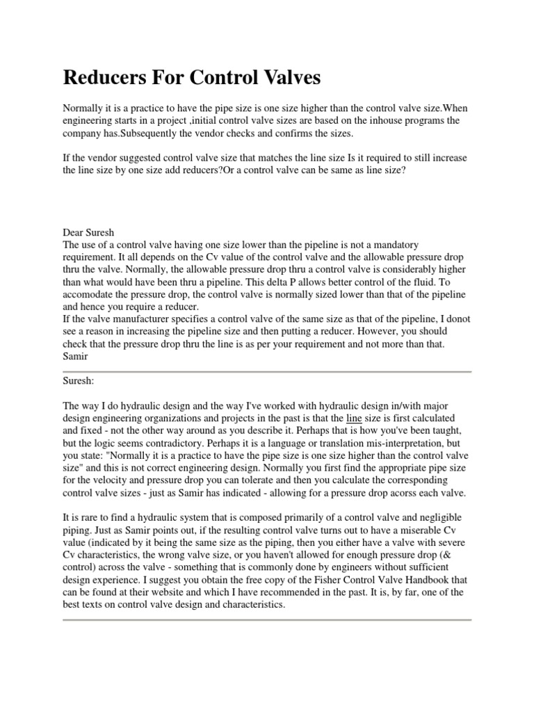 Control Valve Sizing and Reducers Guide | PDF | Valve | Pipe (Fluid ...