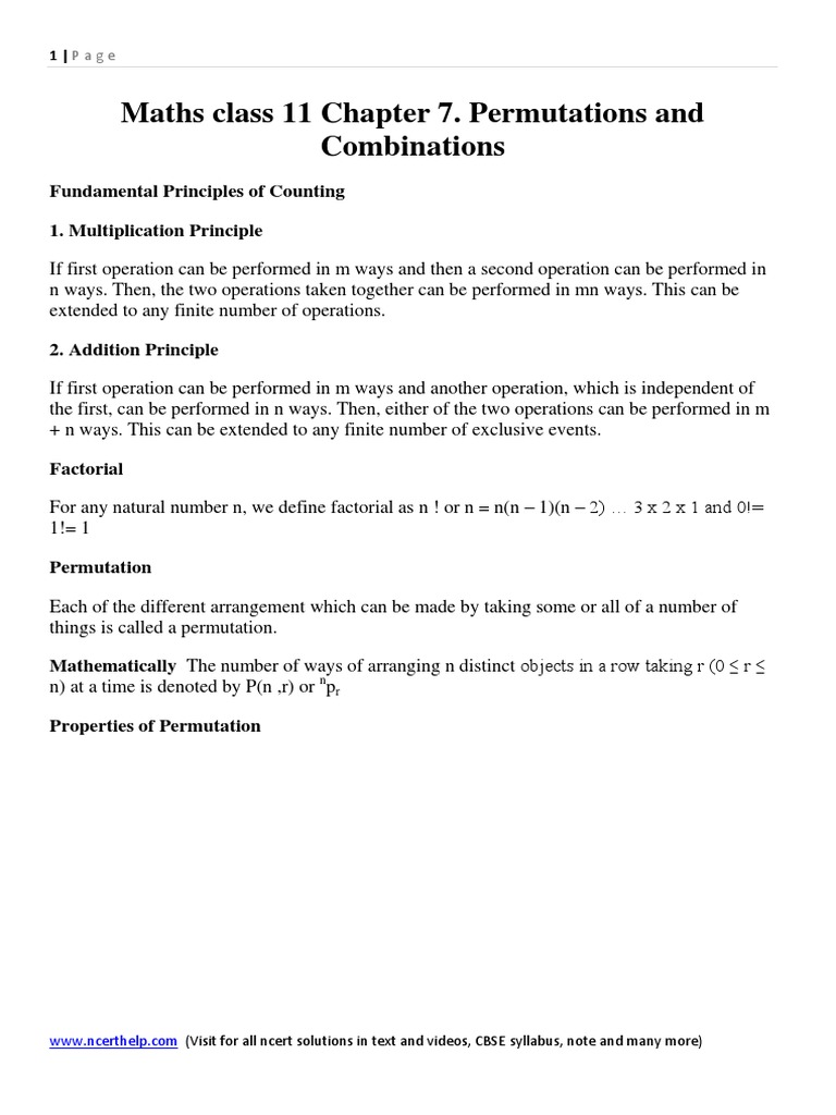 Permutations and Combination Notes For Class 11 Maths Chapter 7 PDF ...