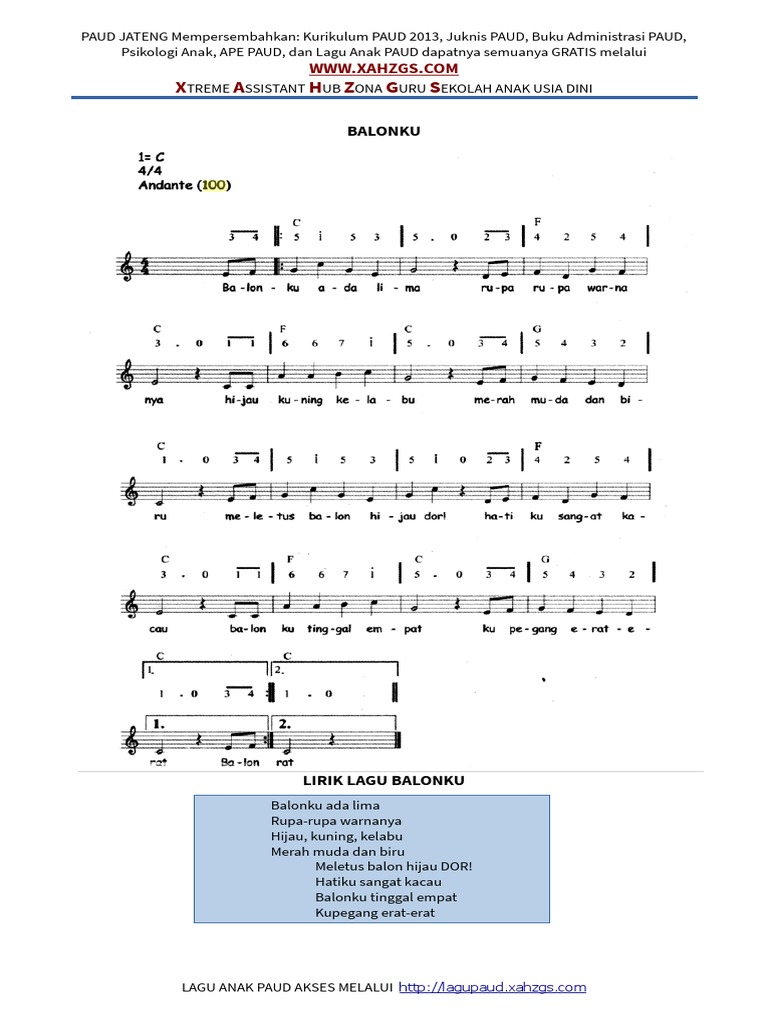 Notasi Lagu Balonku untuk PAUD | PDF | Pengembangan Diri | Kesehatan ...