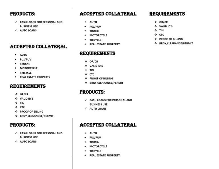 Products: Accepted Collateral Requirements: Business Use Auto Puj/Puv ...