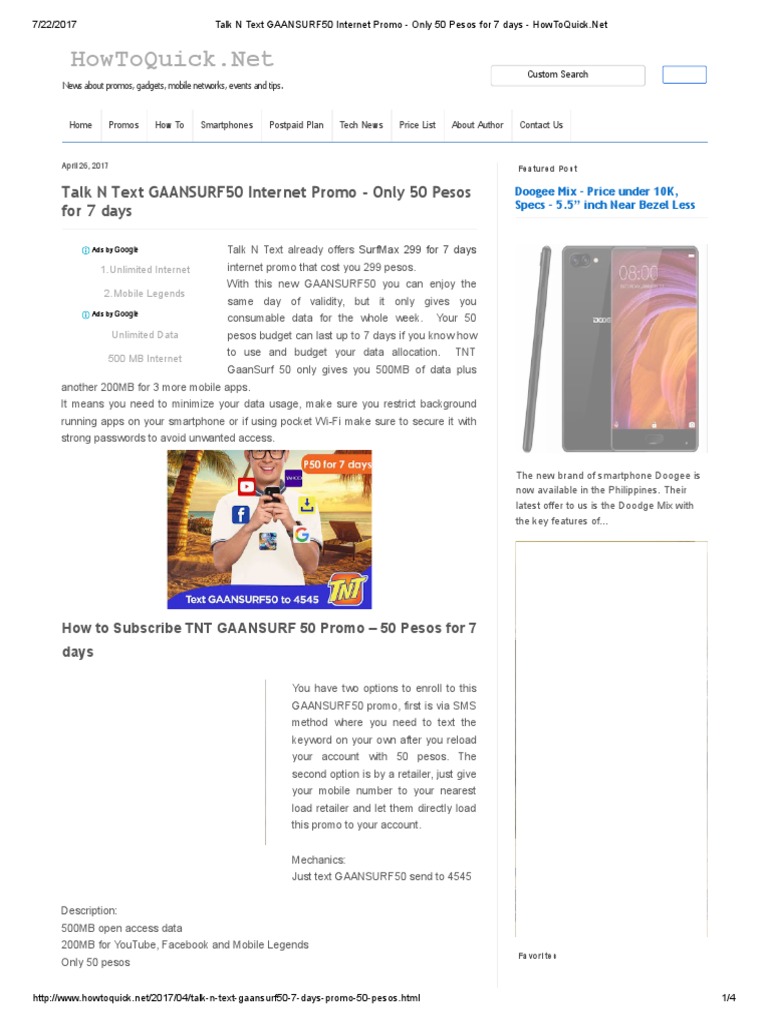 Talk N Text GAANSURF50 Internet Promo - Only 50 Pesos For 7 Days ...