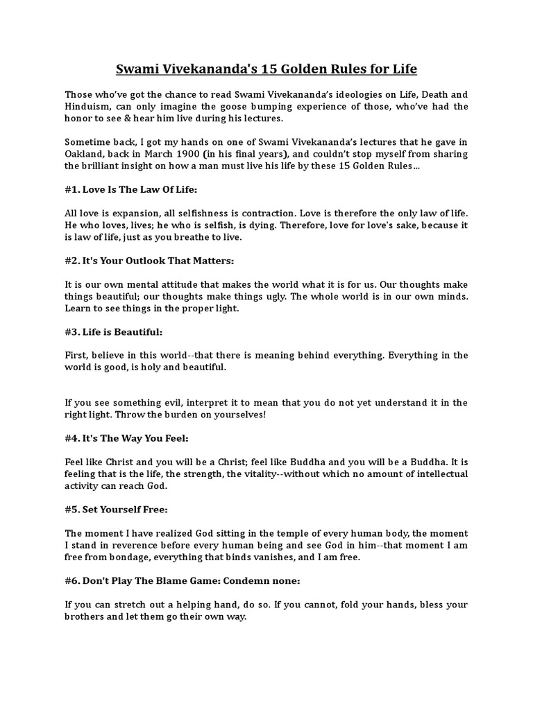 Swami Vivekananda's 15 Golden Rules For Life | PDF | Swami Vivekananda ...