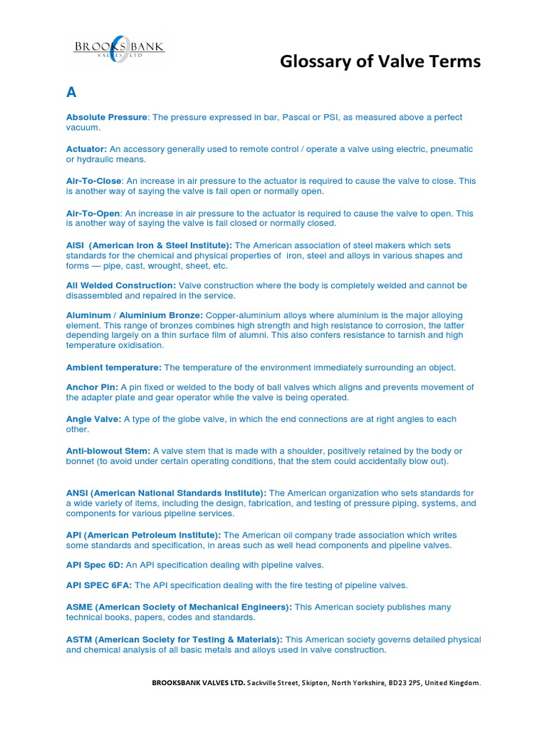 Glossary of Valve Terms: BROOKSBANK VALVES LTD. Sackville Street ...