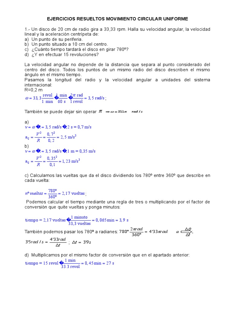Ejercicios Movimiento Circular Uniforme | PDF | Tiempo espacial ...