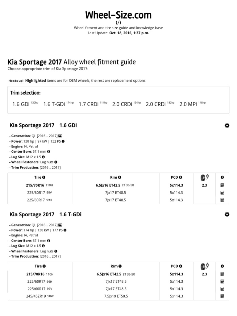 Kia Sportage 2017 - Wheel & Tire Sizes, PCD, Offset and Rims Specs ...