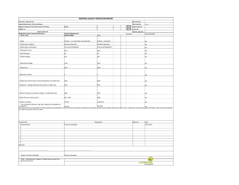 RMU Inspection Check Sheet | Voltage | Electrical Components