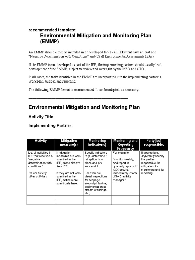 Environmental Mitigation and Monitoring Plan (EMMP) : Recommended ...