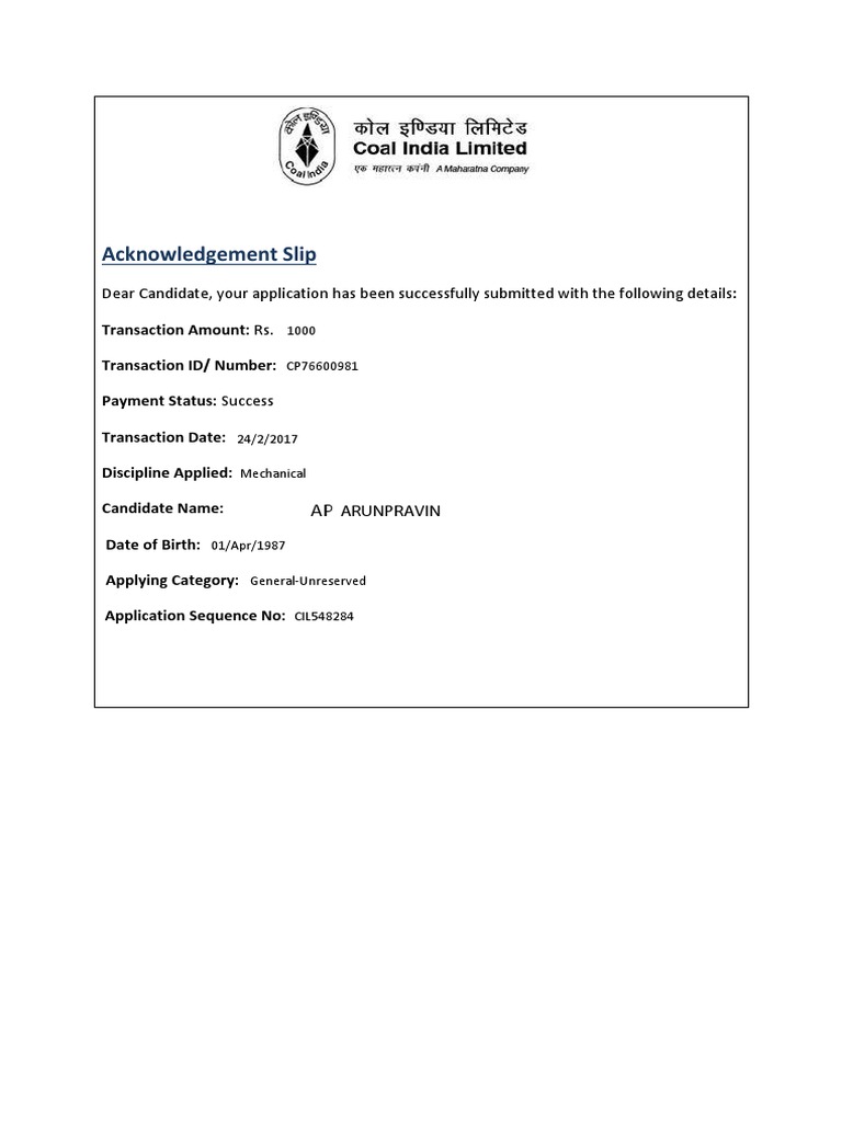Acknowledgement Slip: Dear Candidate, Your Application Has Been ...