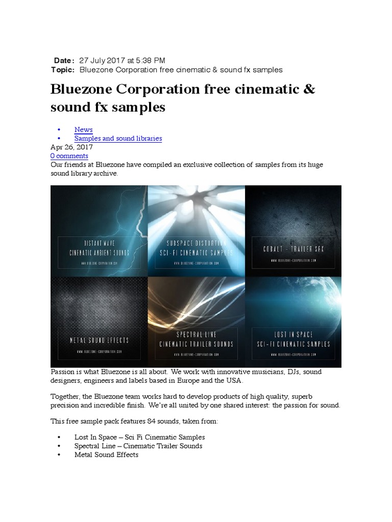 Bluezone Corporation Free Cinematic & Sound FX Samples | PDF