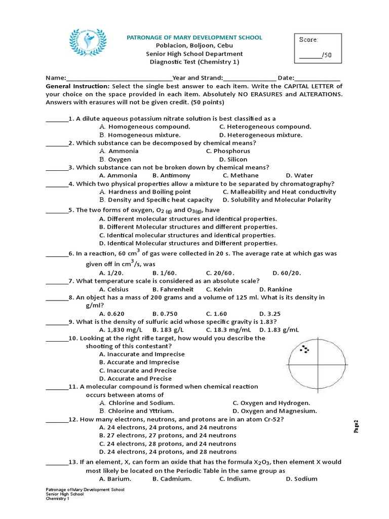 Chemistry 1 Diagnostic Test (For Printing) | PDF | Mole (Unit) | Proton