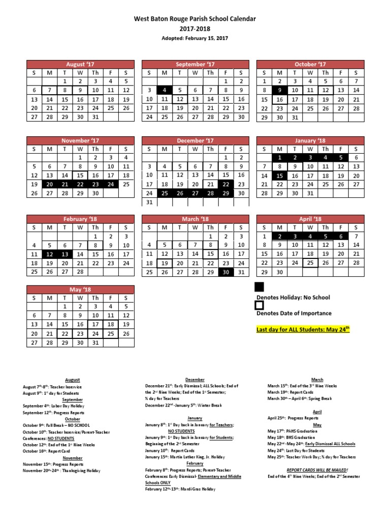West Baton Rouge Parish School Calendar 2017 2018 Adopted 2 15 | PDF ...
