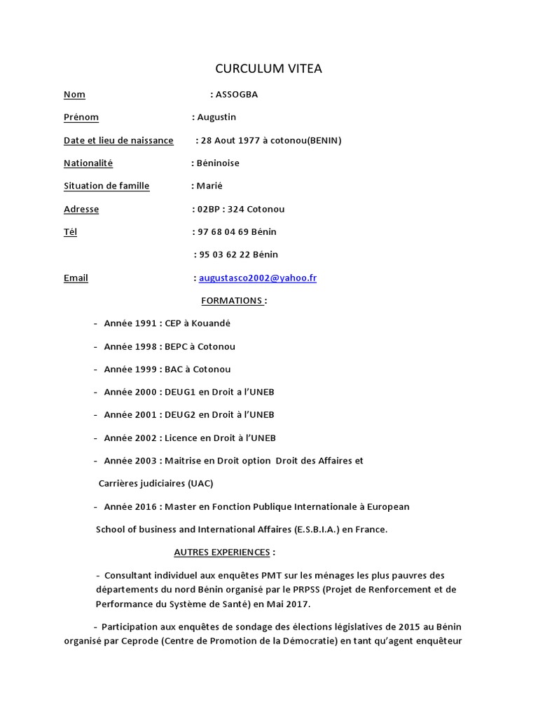 CV d'Augustin Assogba | PDF | Organisation non gouvernementale ...