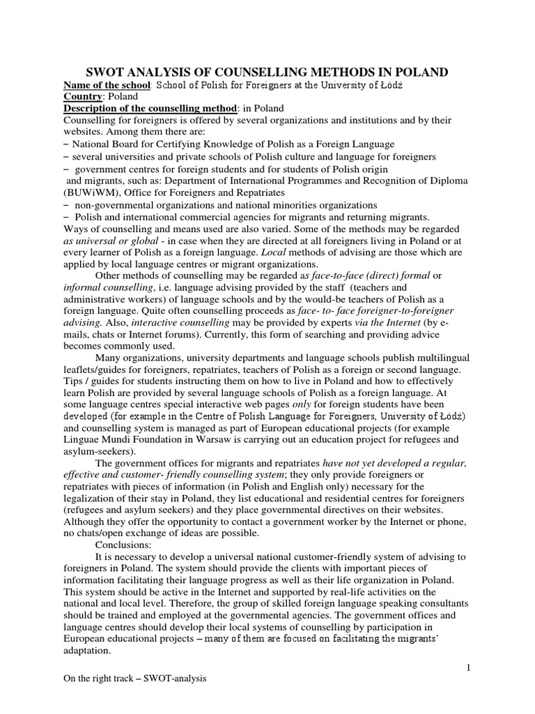 Swot Analysis of Counselling | PDF | Poland | Refugee