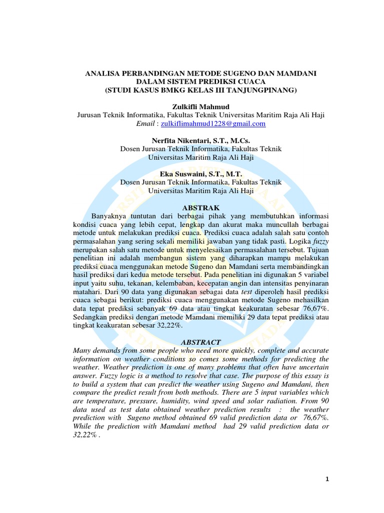 Jurnal Analisa Perbandingan Metode Sugeno Dan Mamdani Dalam Sistem Prediksi Cuaca - 2 PDF | PDF