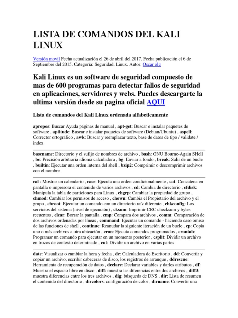 Lista de Comandos Del Kali Linux | PDF | Interfaz de línea de comando | Archivo de computadora