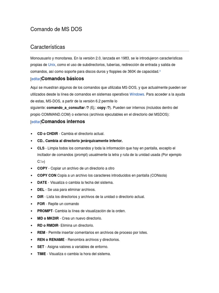 Comandos básicos y externos del sistema operativo MS-DOS | PDF | Dos | Compatibles con PC Ibm