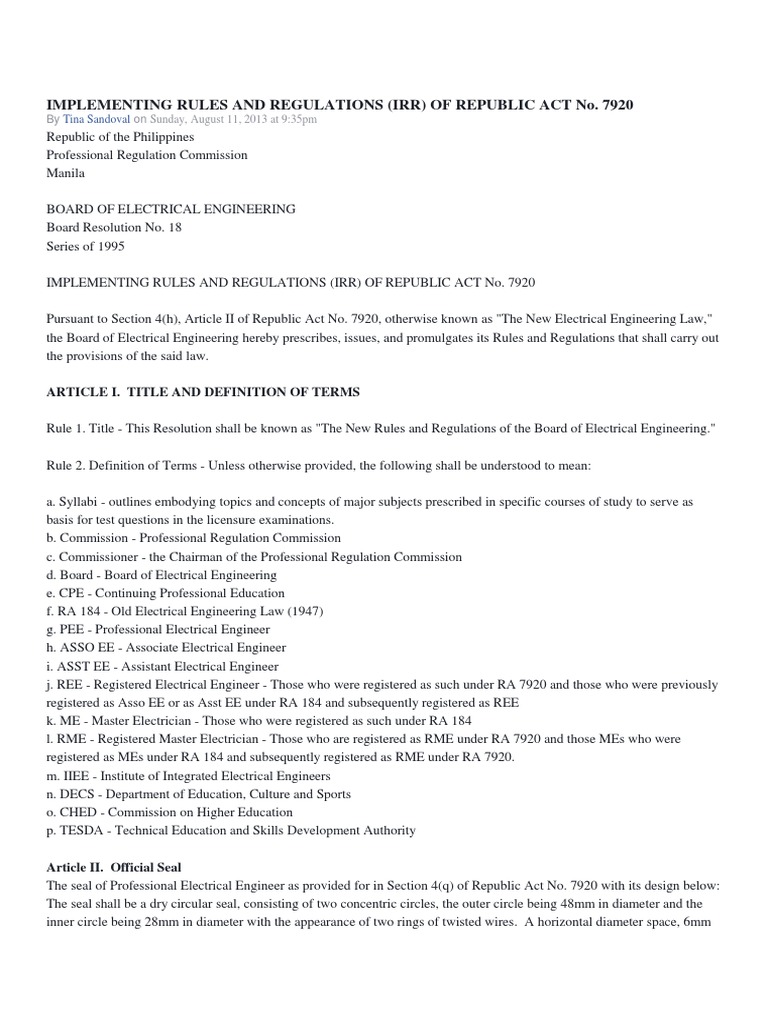 IRR of RA 7920 | PDF | Licensure | Electrician