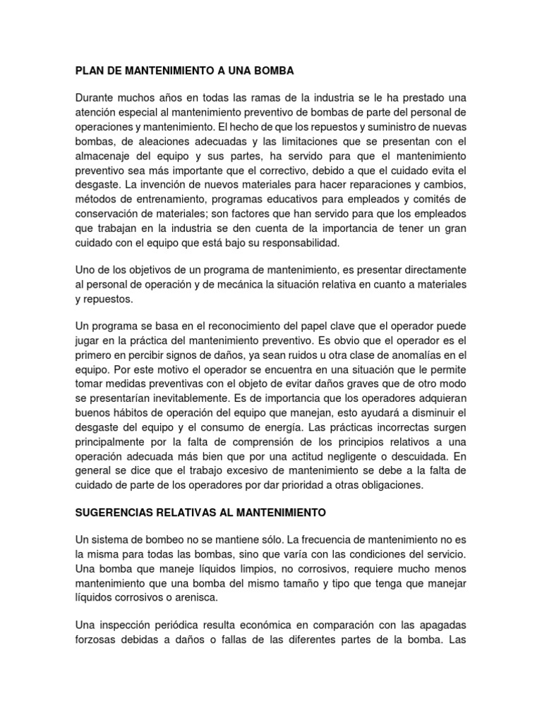 Plan de Mantenimiento A Una Bomba | PDF | Bomba | Naturaleza