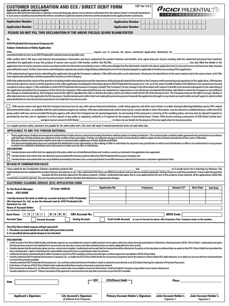 Customer Declaration and ECS Form | Download Free PDF | Insurance ...