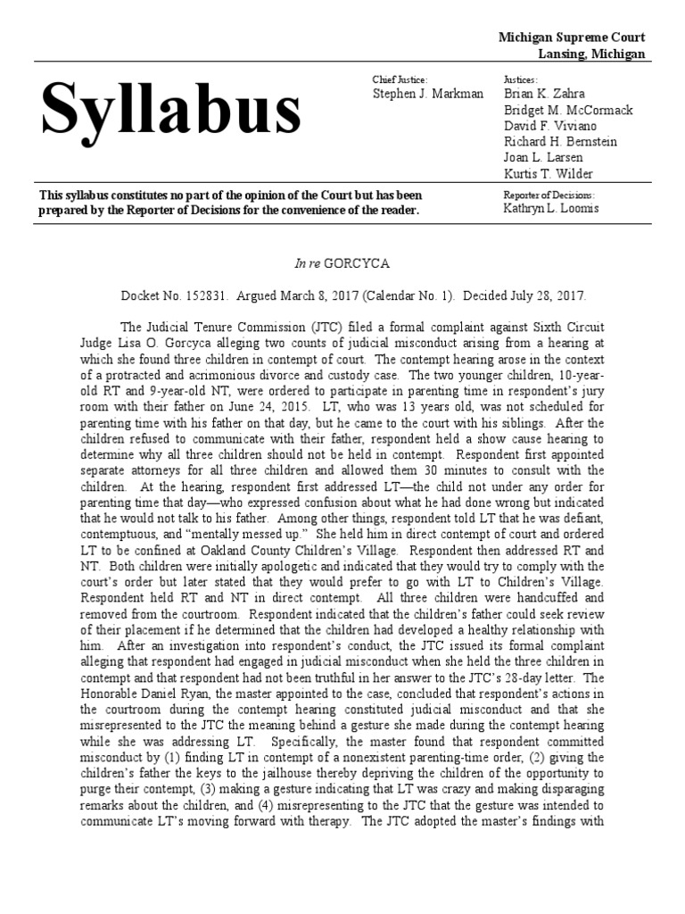 Michigan Supreme Court - Lisa Gorcyca | PDF | Contempt Of Court | Child ...