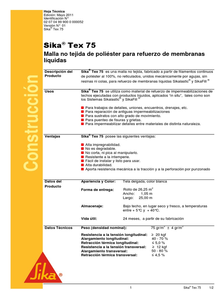 Malla Sika® Tex 75 para Impermeabilización | PDF | Residuos | Salud y ...