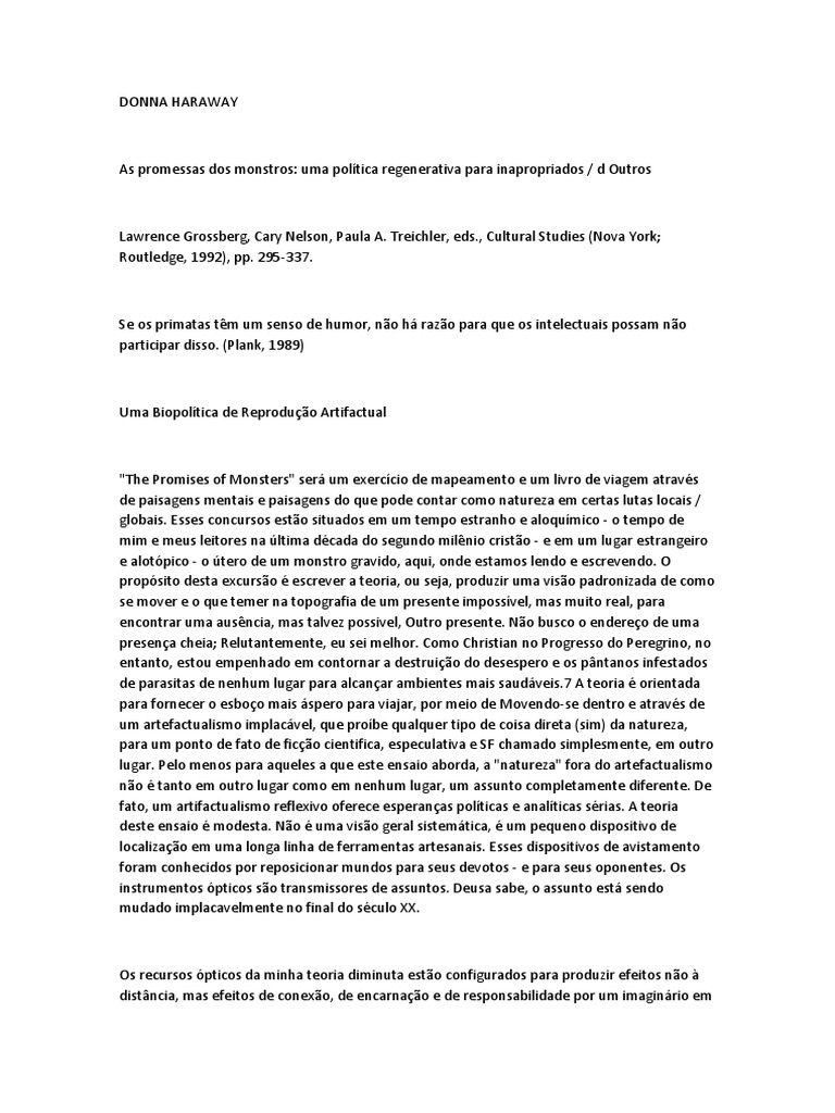 DONNA HARAWAY - The Promises of Monsters | PDF | Homo Sapiens | Science