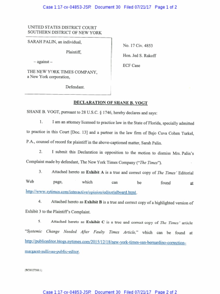 Palin v. NY Times - Declaration Shane Vogt in Opposition Motion To ...