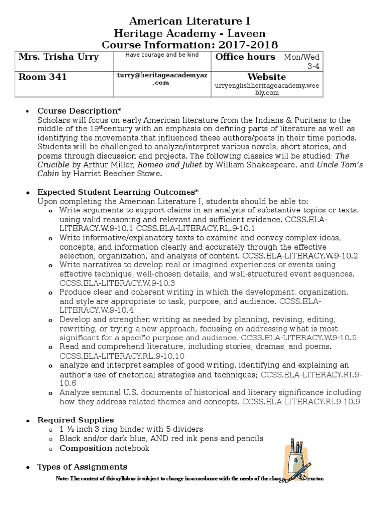 Syllabus American Lit With Letter To Parents and Standards | PDF ...