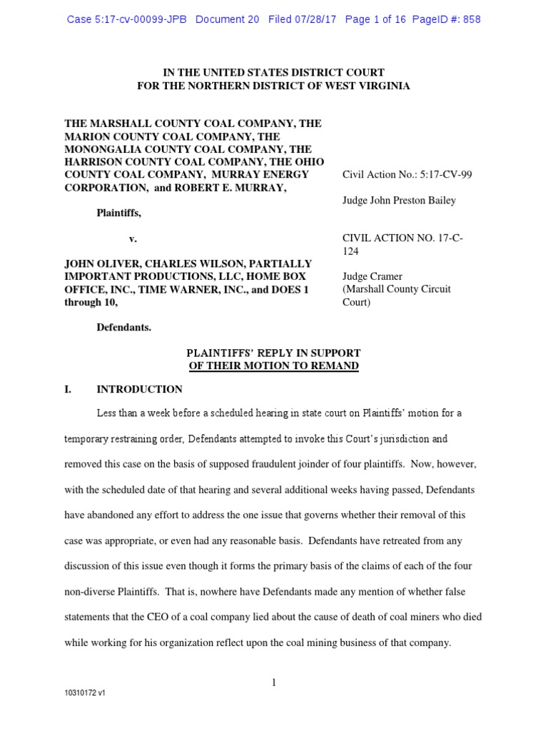 Plaintiffs' Motion to Remand in Defamation Case | PDF | Defamation ...