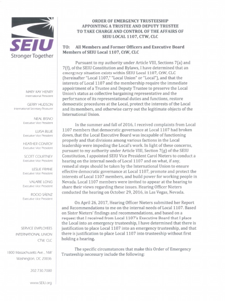 SEIU's Order Imposing an Emergency Trusteeship on SEIU Nevada: 4-28-2017