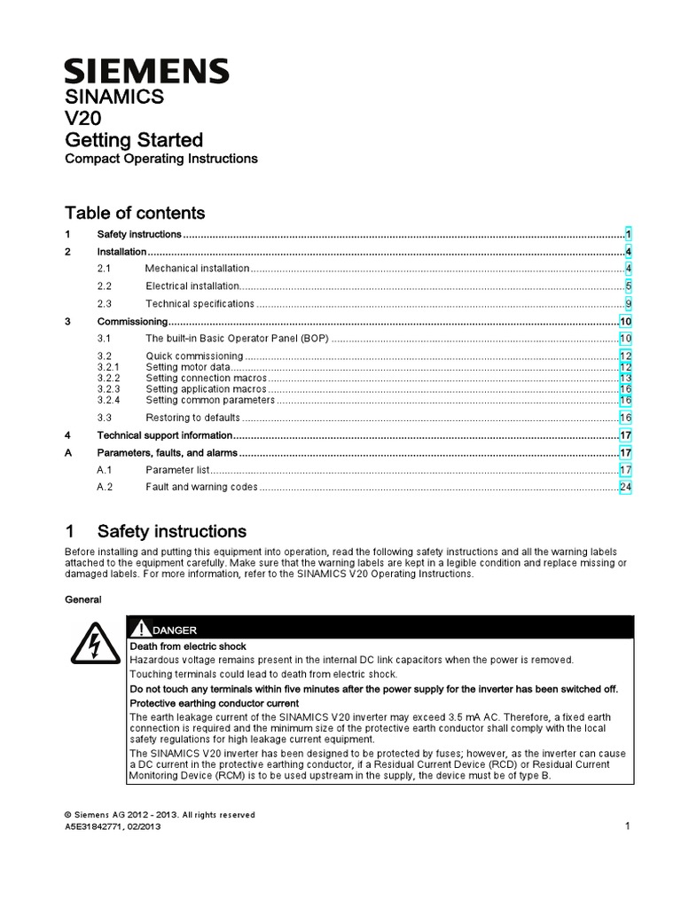 Sinamics V20 Getting Started: Compact Operating Instructions | PDF ... Sinamics V20 Getting Started: Compact Operating Instructions | PDF ...