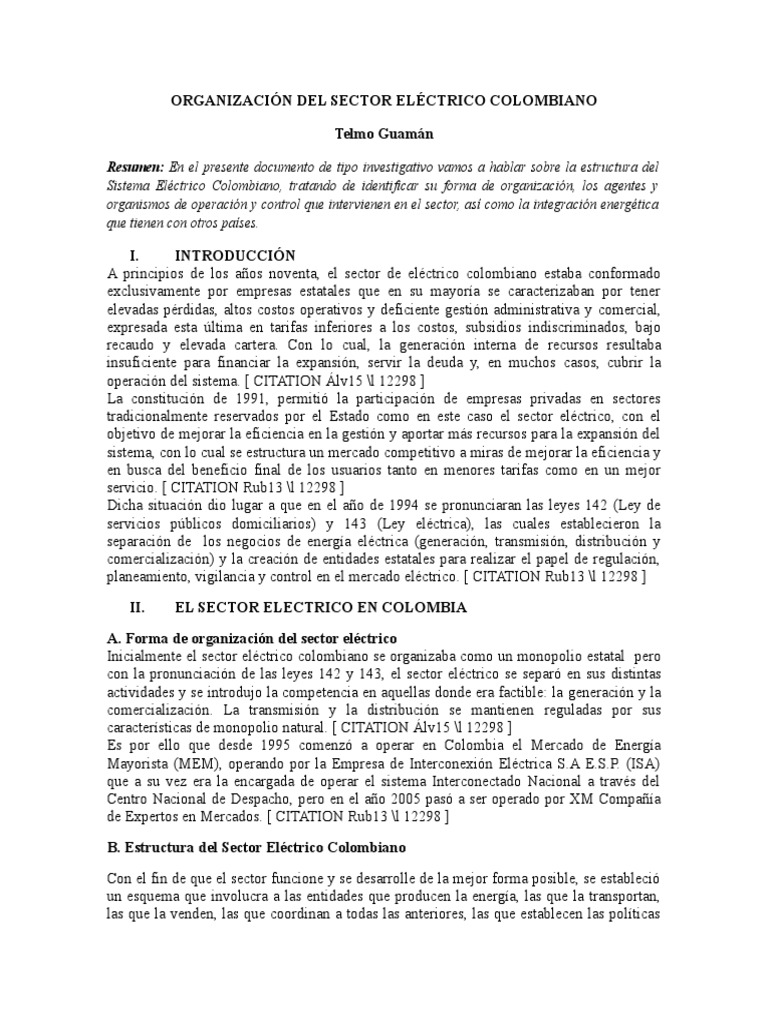 Organización Del Sector Eléctrico Colombiano | PDF | Colombia | Monopolio