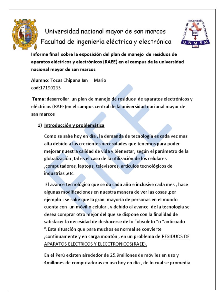Informe de RAEE-FIEE Unmsm | PDF | Ingeniería biológica | Hospital