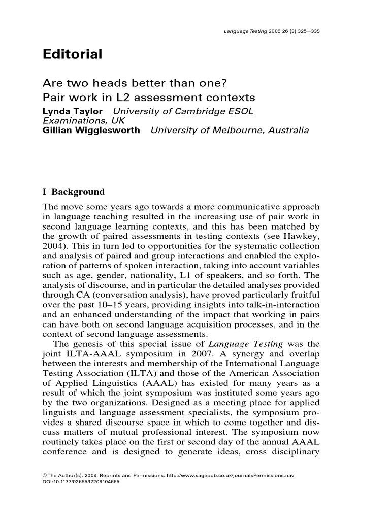 Editorial: Are Two Heads Better Than One? Pair Work in L2 Assessment Contexts | PDF ...
