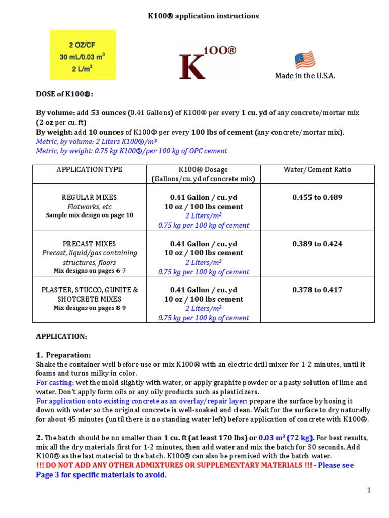 K100 Application Instructions | PDF | Concrete | Chemistry