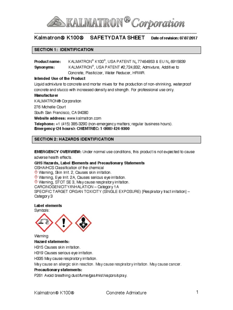 SDS Kalmatron K100 | PDF | Personal Protective Equipment | Concrete