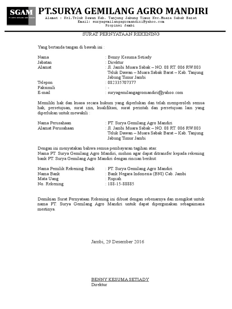 Surat Pernyataan Nomor Rekening | PDF