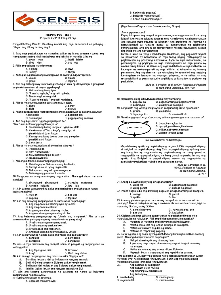Let Reviewer Filipino Post Test | PDF