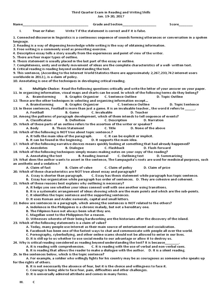 Third Quarter Exam in Reading and Writing Skills | PDF | Test ...
