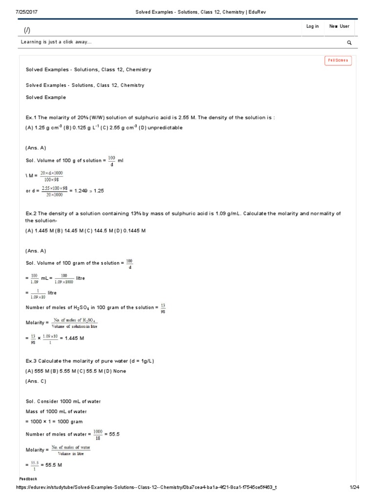 Solved Examples - Solutions, Class 12, Chemistry - EduRev | PDF | Molar ...