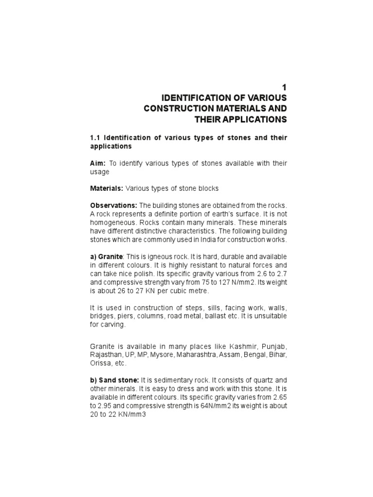 1 Identification of Various Construction Materials and Their ...