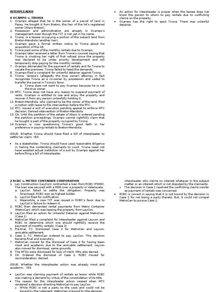 Interpleader Cases: Ocampo v. Tirona & RCBC | PDF | Lawsuit | Certiorari