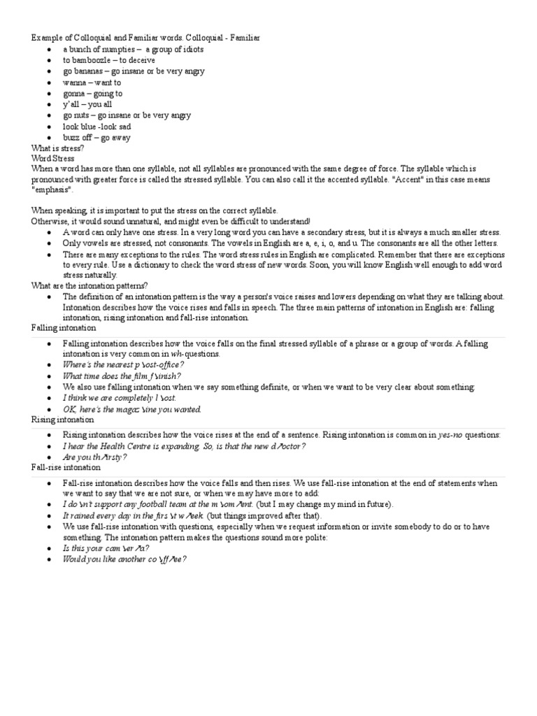 Example of Colloquial and Familiar Words | Stress (Linguistics ...