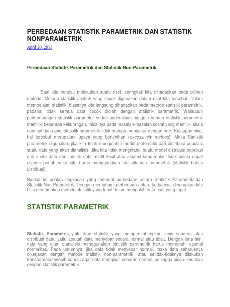 Perbedaan Statistik Parametrik Dan Statistik Nonparametrik | PDF