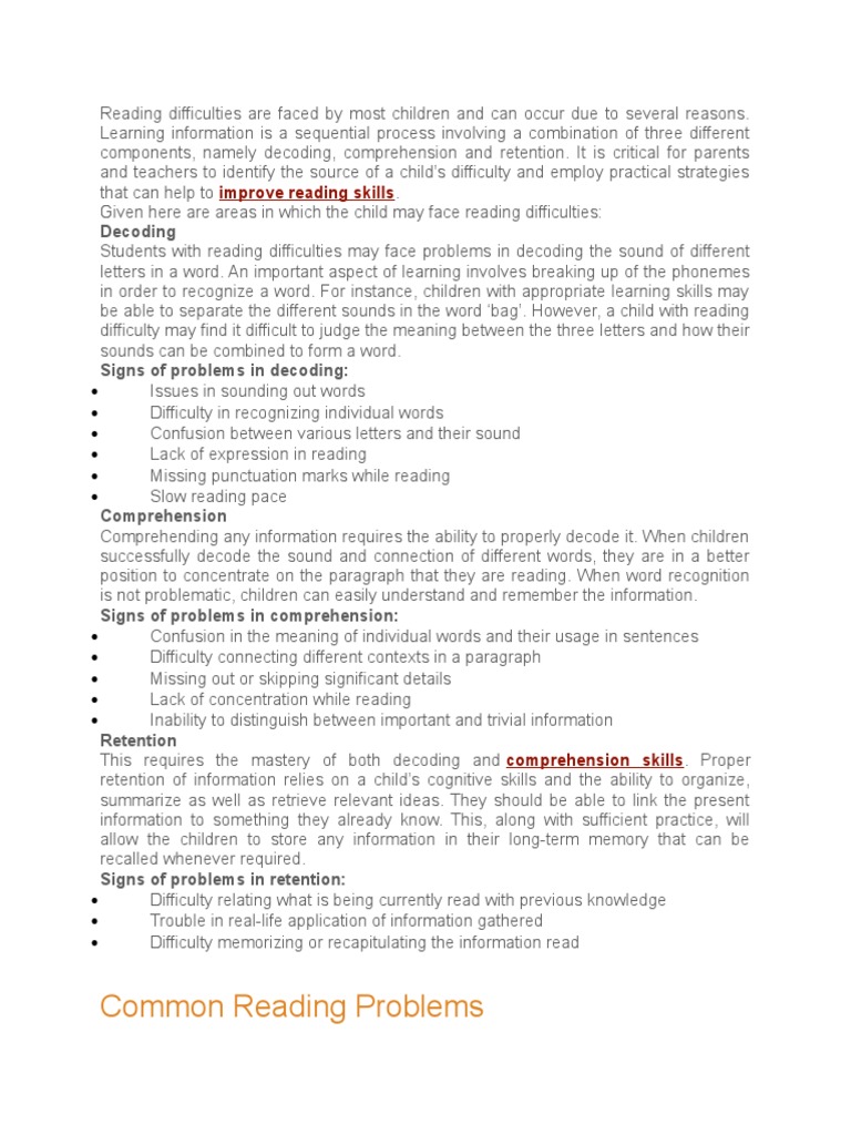 Reading Difficulties | PDF | Reading (Process) | Reading Comprehension