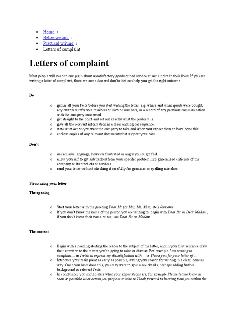 Letters of Complaint: Home Better Writing Practical Writing | PDF ...