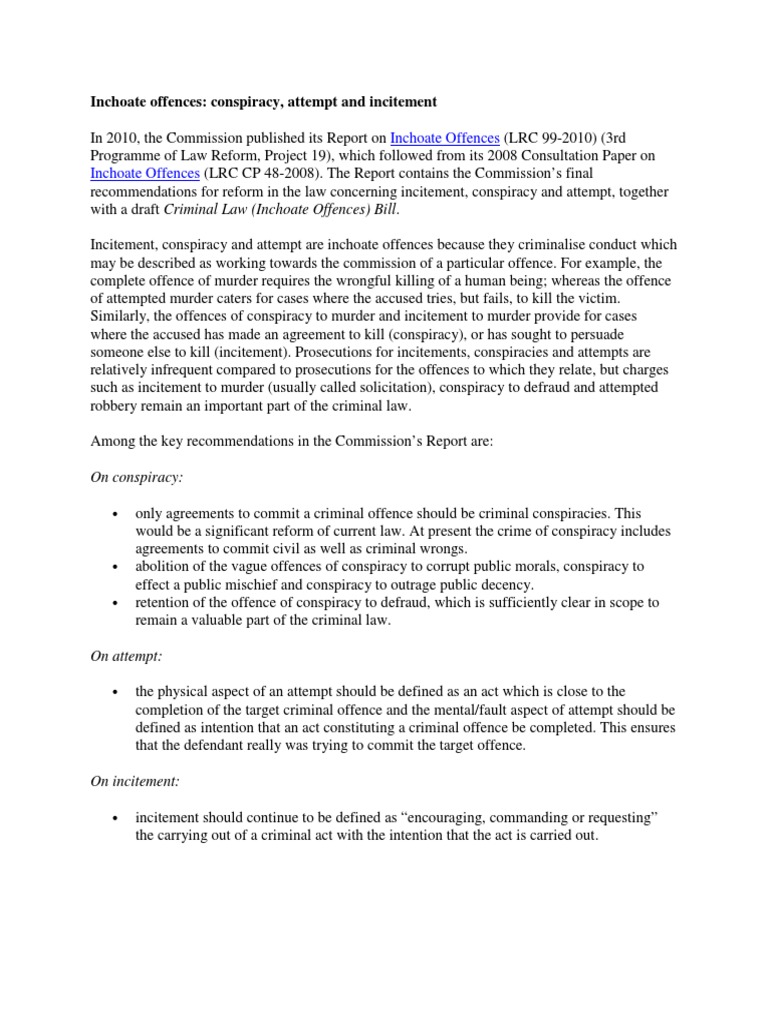 Inchoate Offences Conspiracy Attempt and Incitement - 2 | Download Free ...