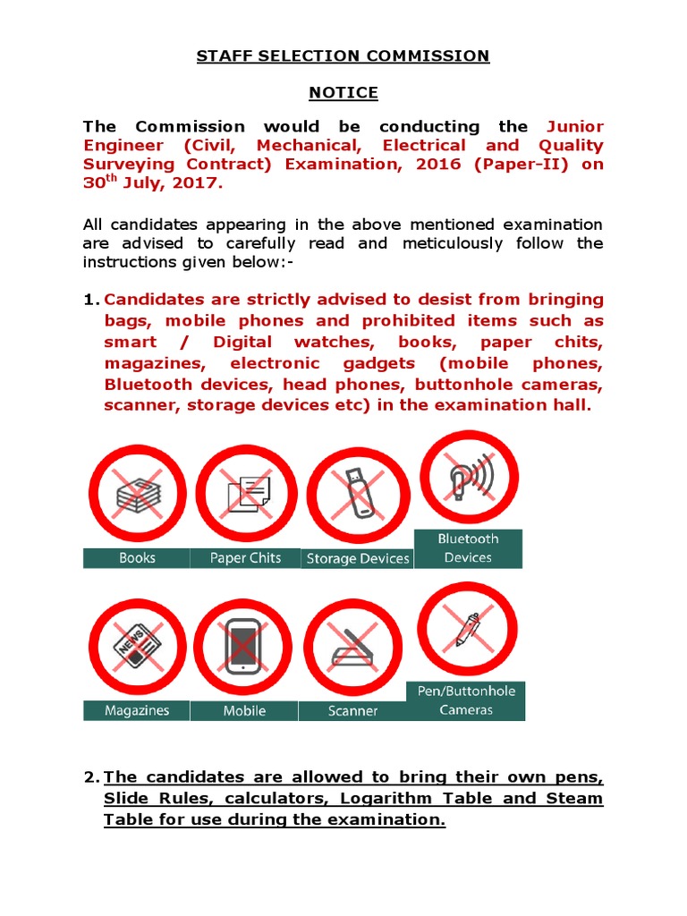 List of Prohibited Materials in SSC Exam Hall - SSC JE 2017 | PDF